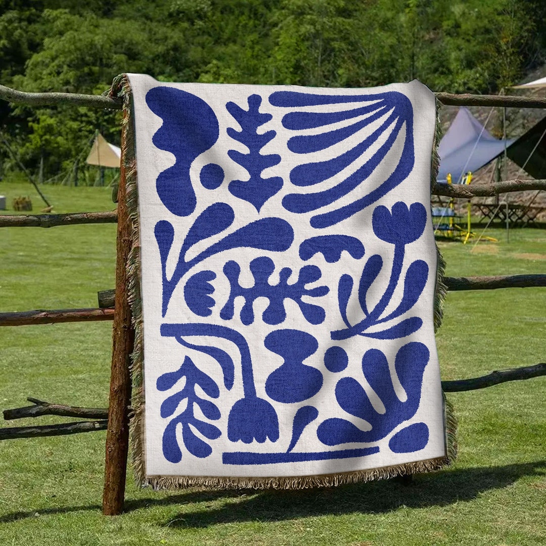 Blue Matisse Funky Motifs Throw Blanket Modern Minimalist Scandi ...