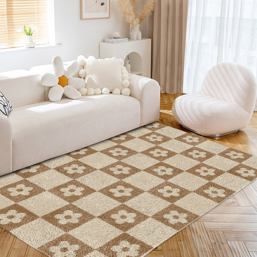 Flower Checkered Earth Tone Carpet Funky Danish Pastel Decor Rug ...
