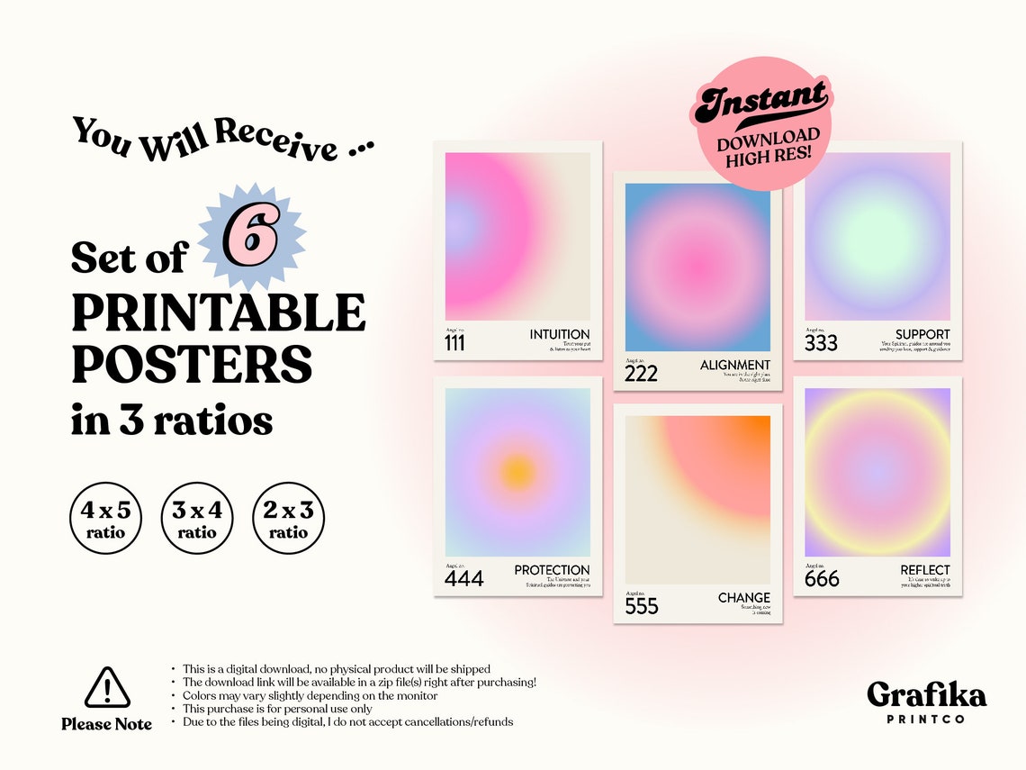 Angel Number Poster Set of 6 Trendy Gradient Aura Energy - Etsy UK