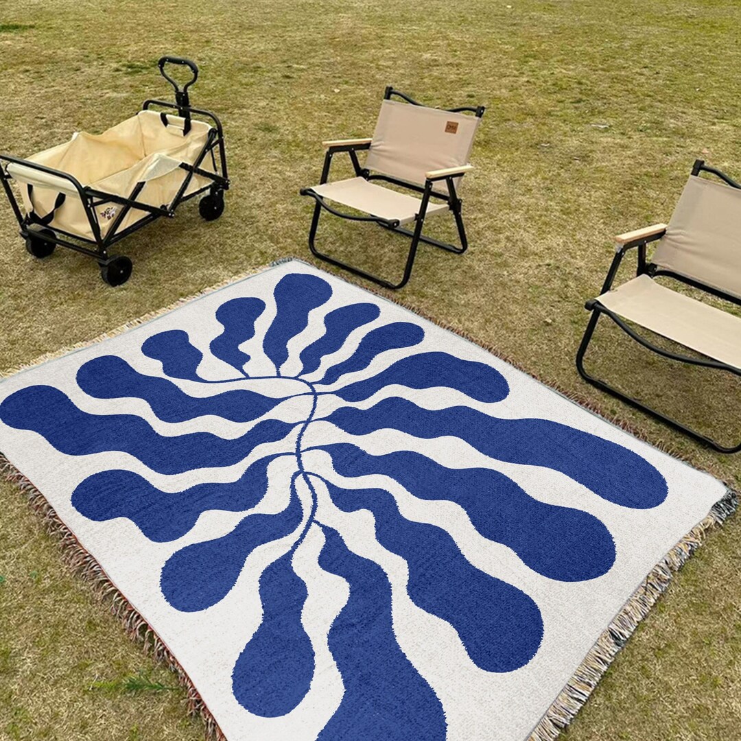 Blue Matisse Leaf Beach Throw Blanket Earth Tone Funky Tapestry Woven ...