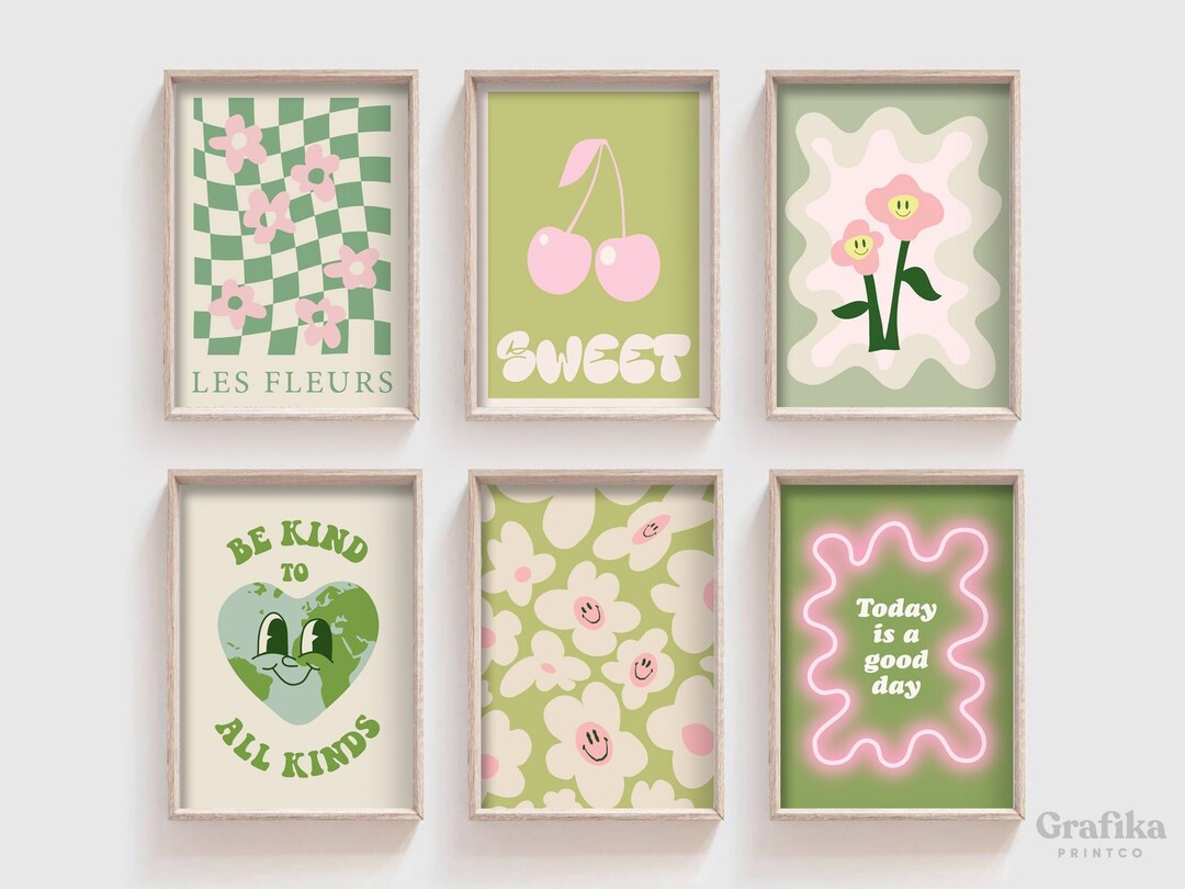 Green Pink Retro Danish Pastel Poster Set Aesthetic Room Decor Groovy ...
