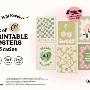 Green Pink Retro Danish Pastel Poster Set Aesthetic Room Decor Groovy ...