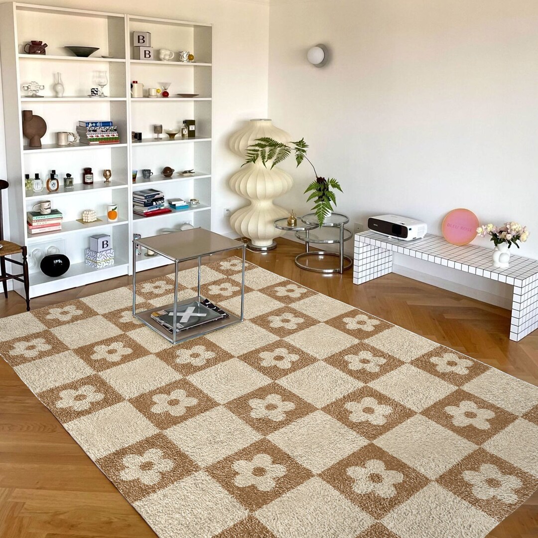 Flower Checkered Earth Tone Carpet Funky Danish Pastel Decor Rug ...