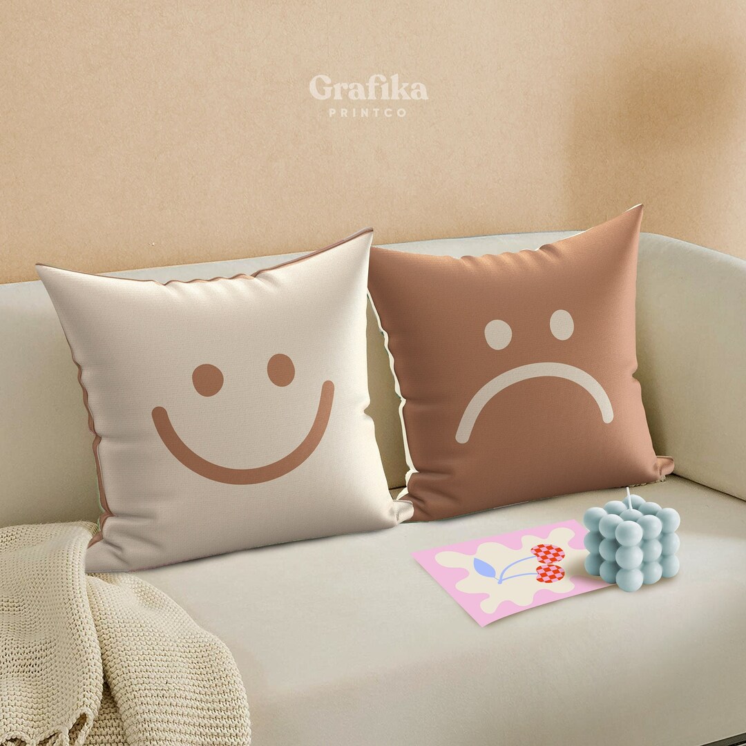 Happy & Sad Smile Brown Throw Pillow Cover Danish Pastel Cushion 20x20 ...