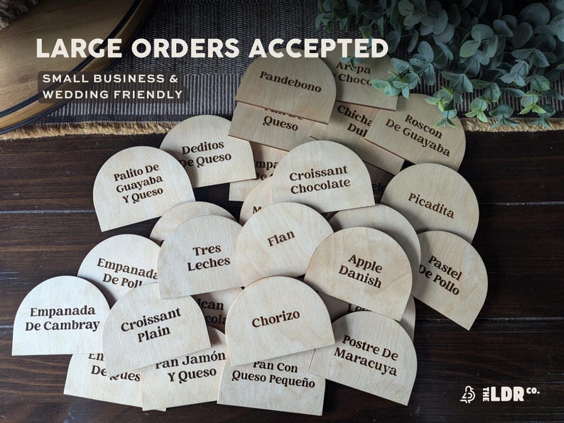 Custom Wood Arch Label Signs With Stand | Engraved Labels | Buffet Food ...