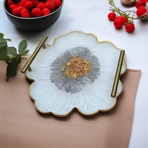 Handmade Epoxy Resin Flower Tray: Gold Flakes & Brass Handles - Etsy