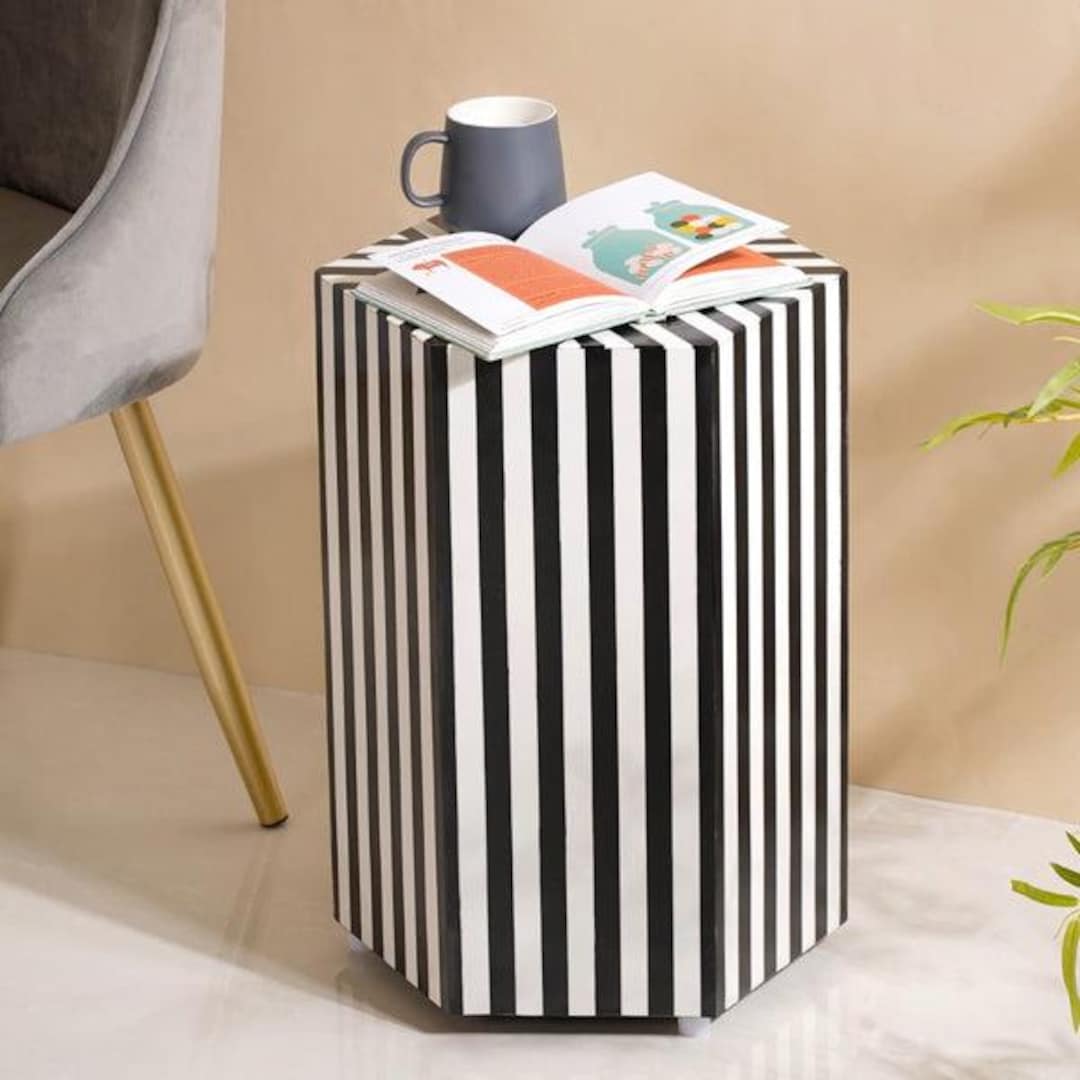 Handmade Resin Inlay End Table Black and White Striped Side Table ...