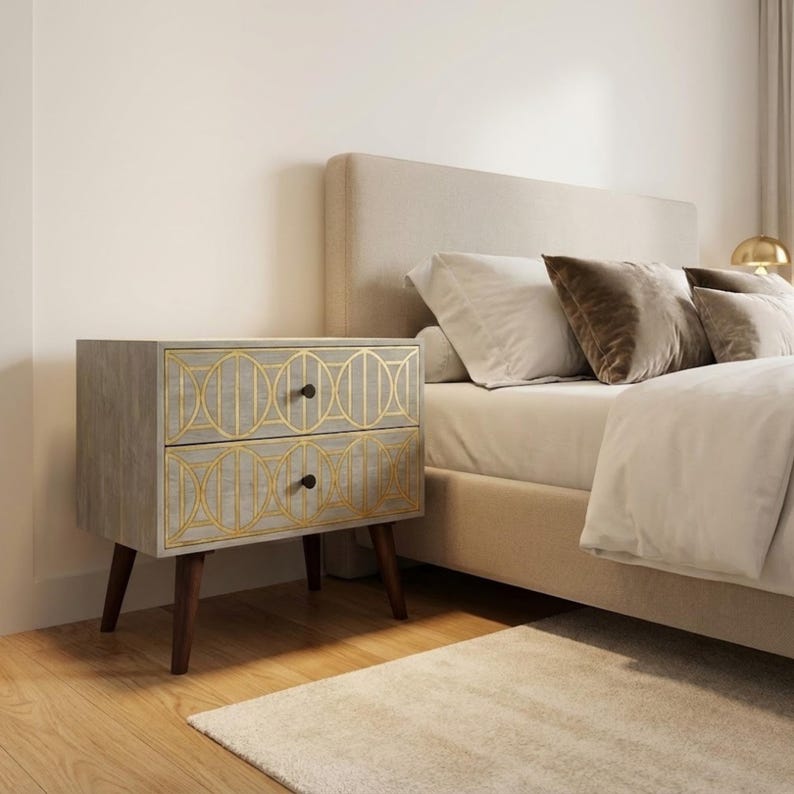 Bone Inlay Resin End Table With Drawers | Handmade Bedside Table ...