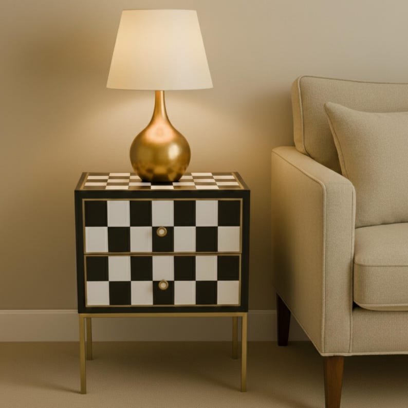 Handmade Resin Checkerboard Nightstand: Black & White Bedside Table ...