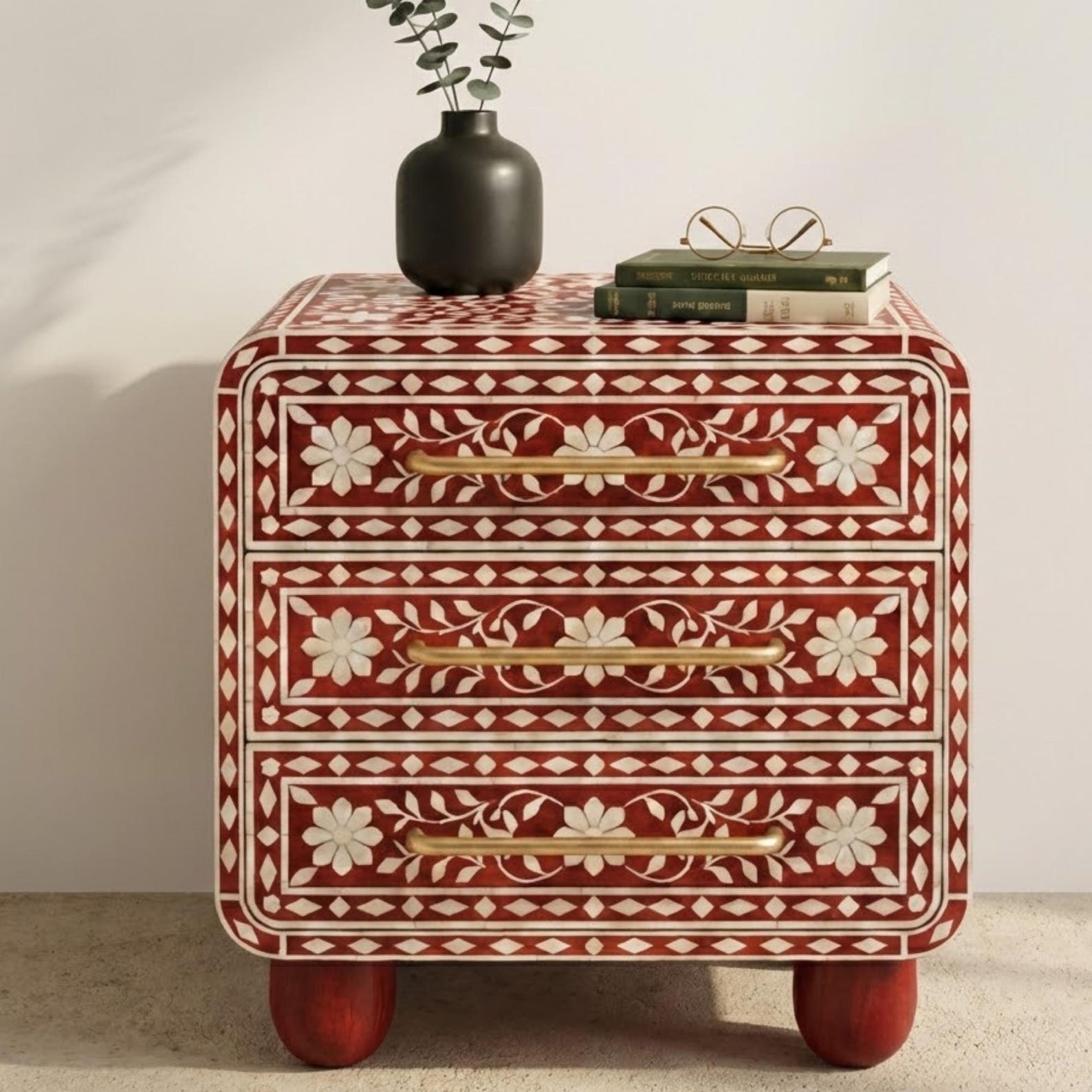 Handcrafted Bone Inlay & Resin End Table | Floral Bedside Nightstand ...