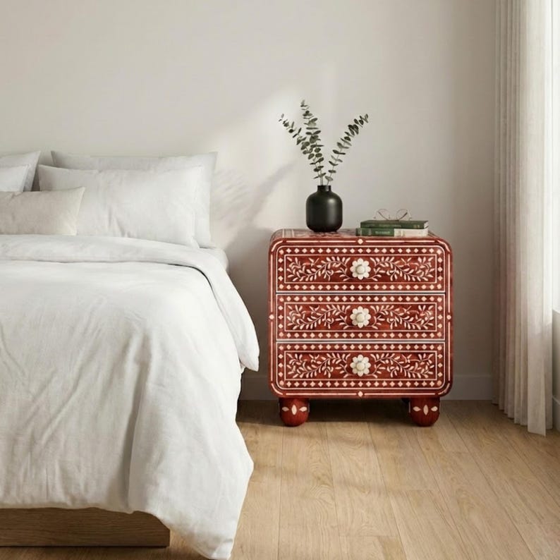 Handcrafted Bone Inlay & Resin End Table | Floral Bedside Nightstand ...