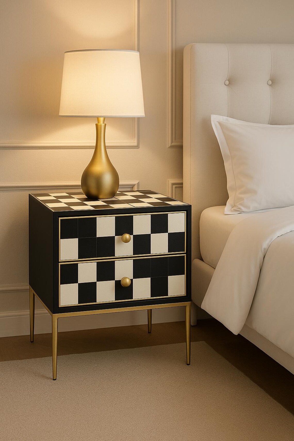 Handmade Resin Checkerboard Nightstand: Black & White Bedside Table ...