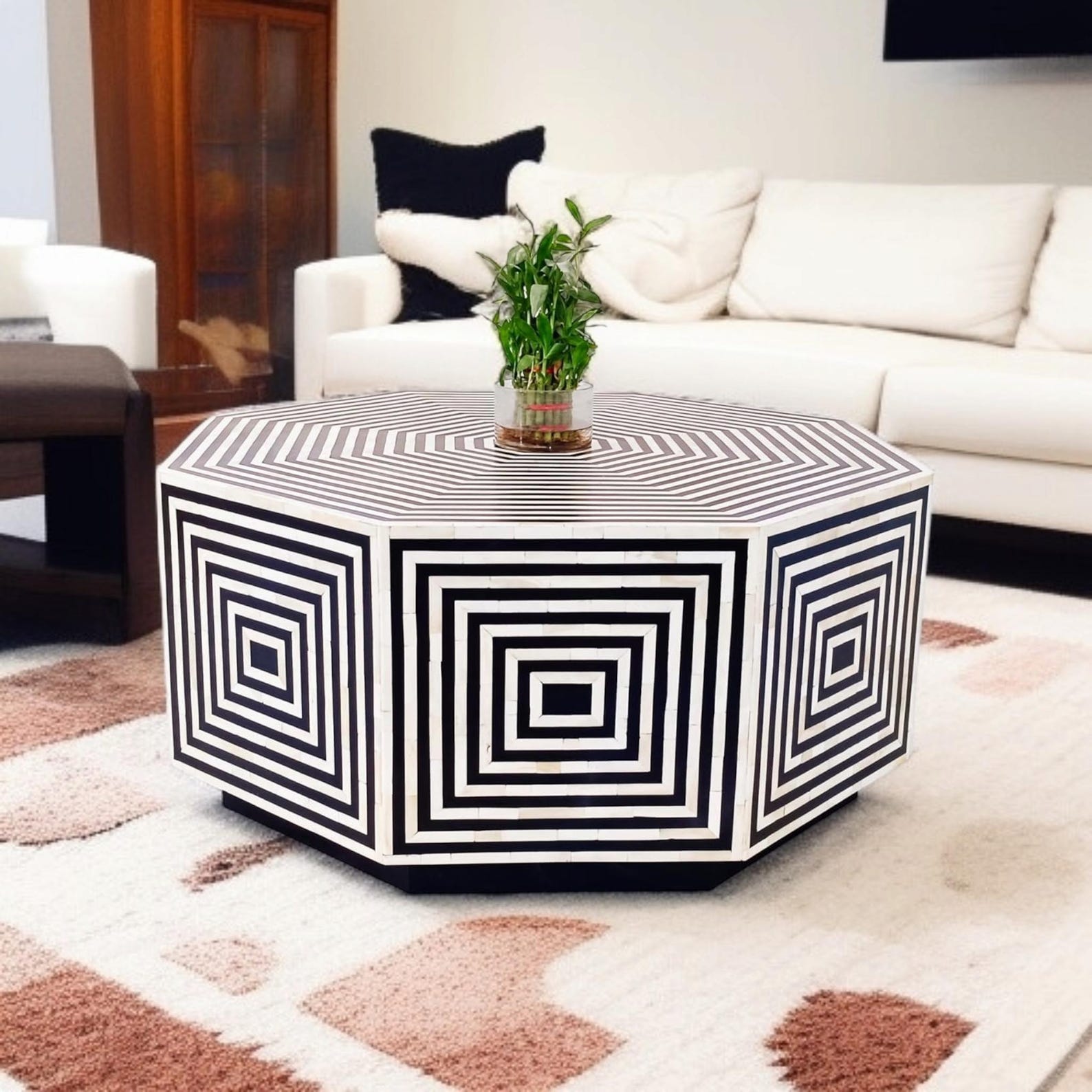 Handmade Bone Inlay Coffee Table: Geometric Resin Inlay, Octagonal ...