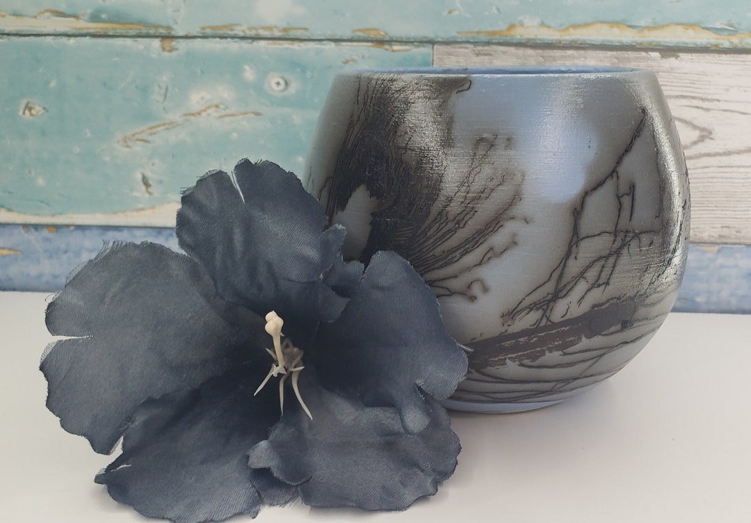 Coastal Raku Vase Made With Peacock Feathers, Blue and Black 4 1/2 Inch ...