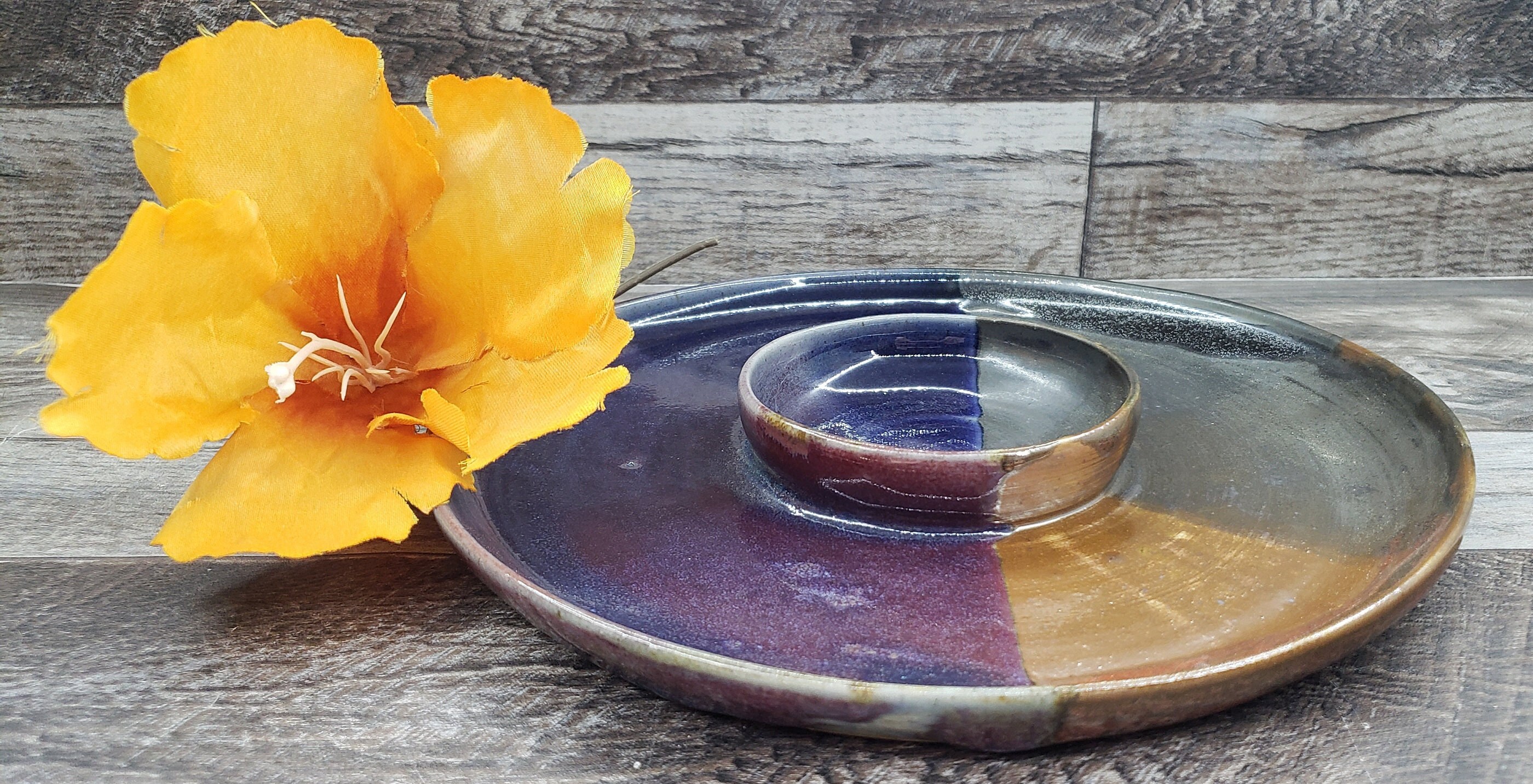 Ceramic Chip and Dip Set Hand Thrown One Piece Black, Purple, and ...