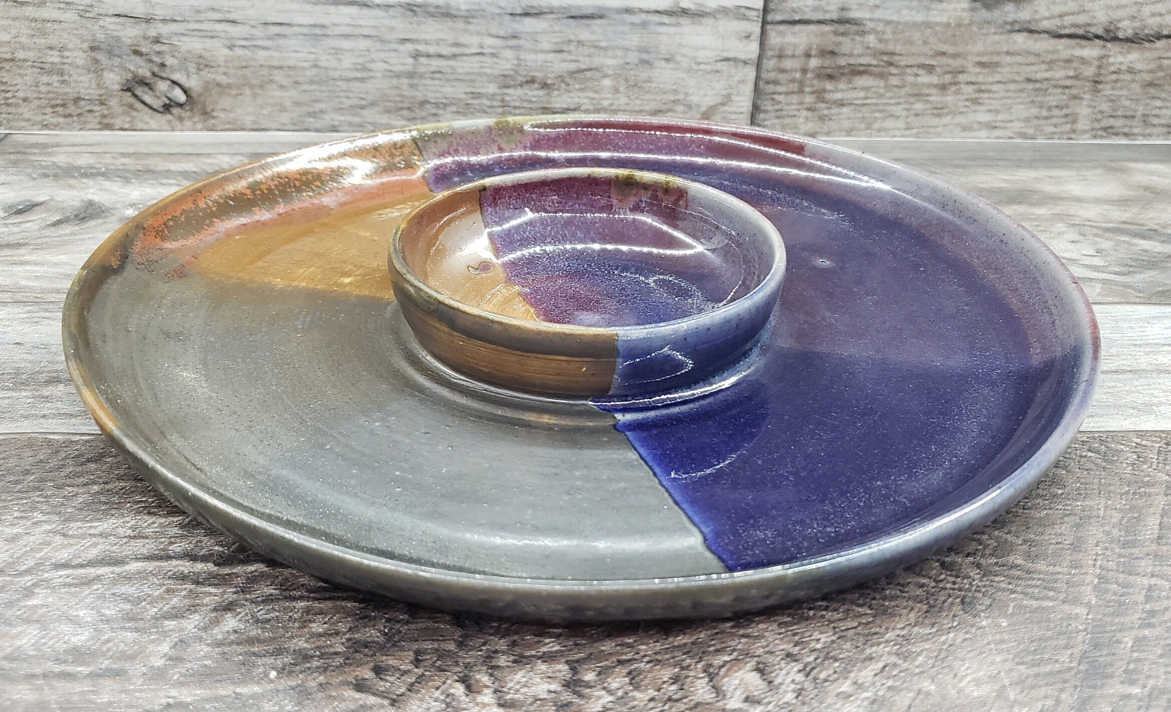 Ceramic Chip and Dip Set Hand Thrown One Piece Black, Purple, and ...