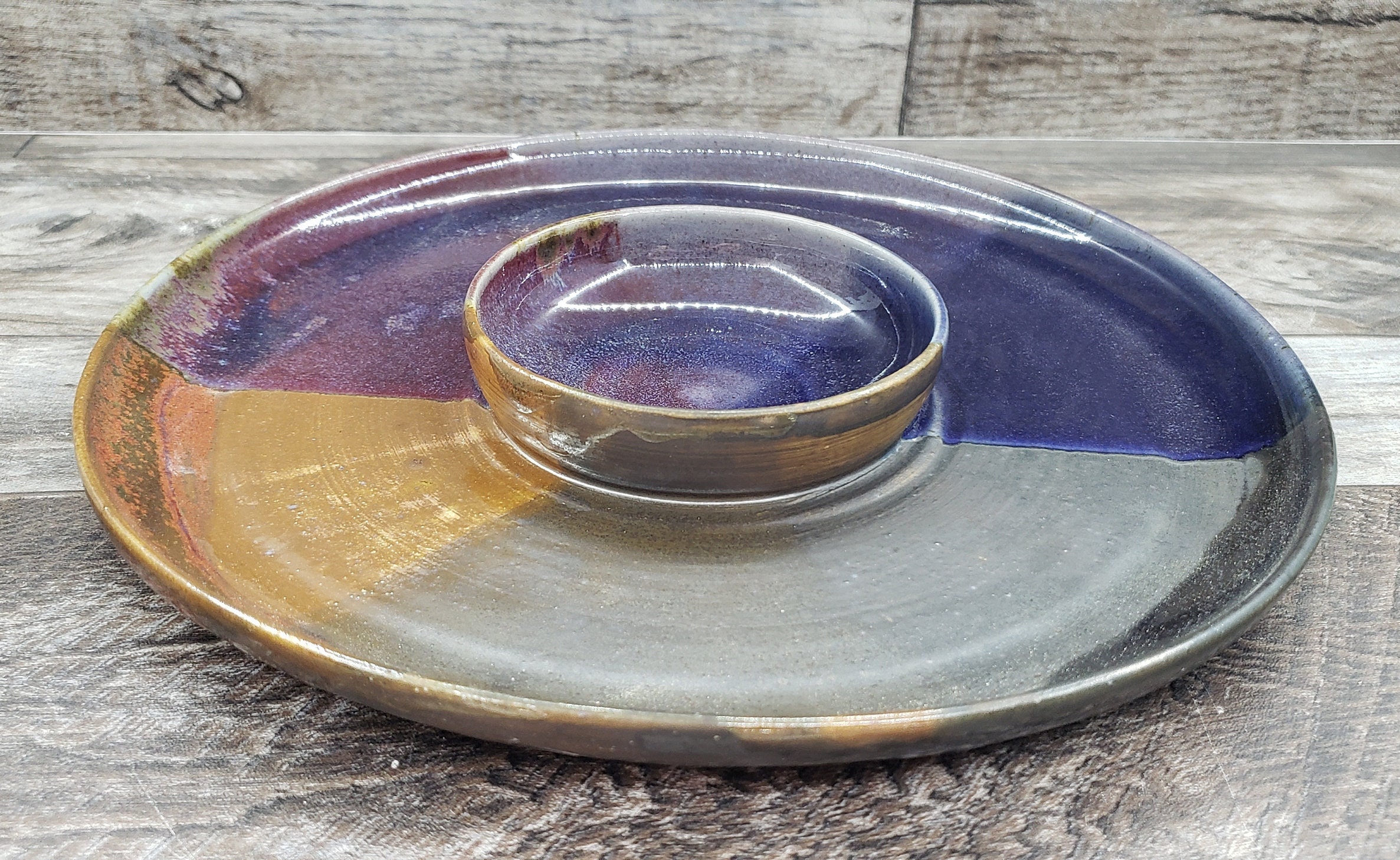 Ceramic Chip and Dip Set Hand Thrown One Piece Black, Purple, and ...