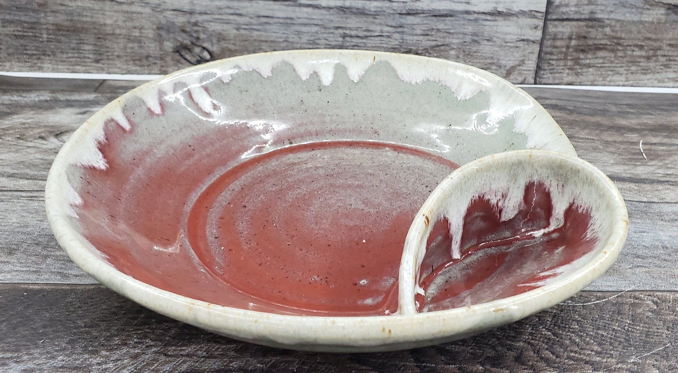 Ceramic Chip and Dip Set Hand Thrown One Piece Rich Red and White Chip ...