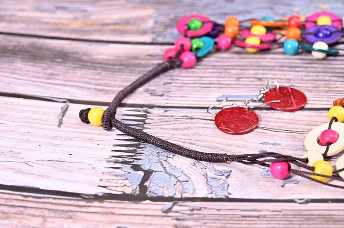 Colorful Wooden Bead and Coconut Shell Necklace - Vibrant Multicolor ...
