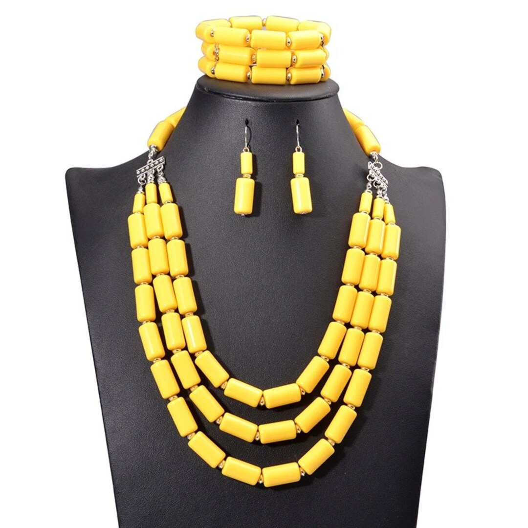 Sunshine Yellow Acrylic Bead Jewelry Set - Vibrant Necklace, Earrings ...