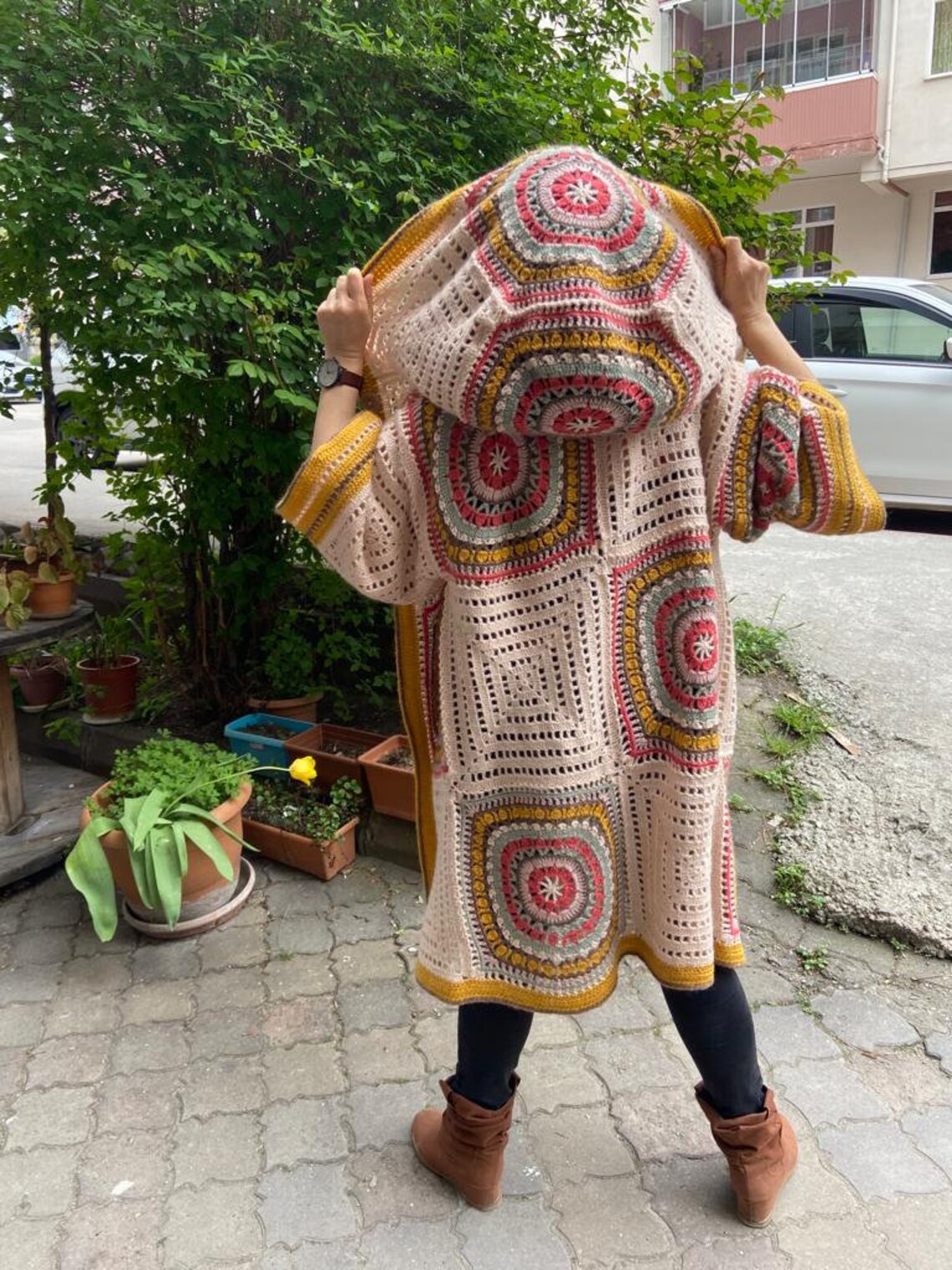 Patchwork / Boho Pattern Design / Handmade Afghan Knitting Hooded Soft ...