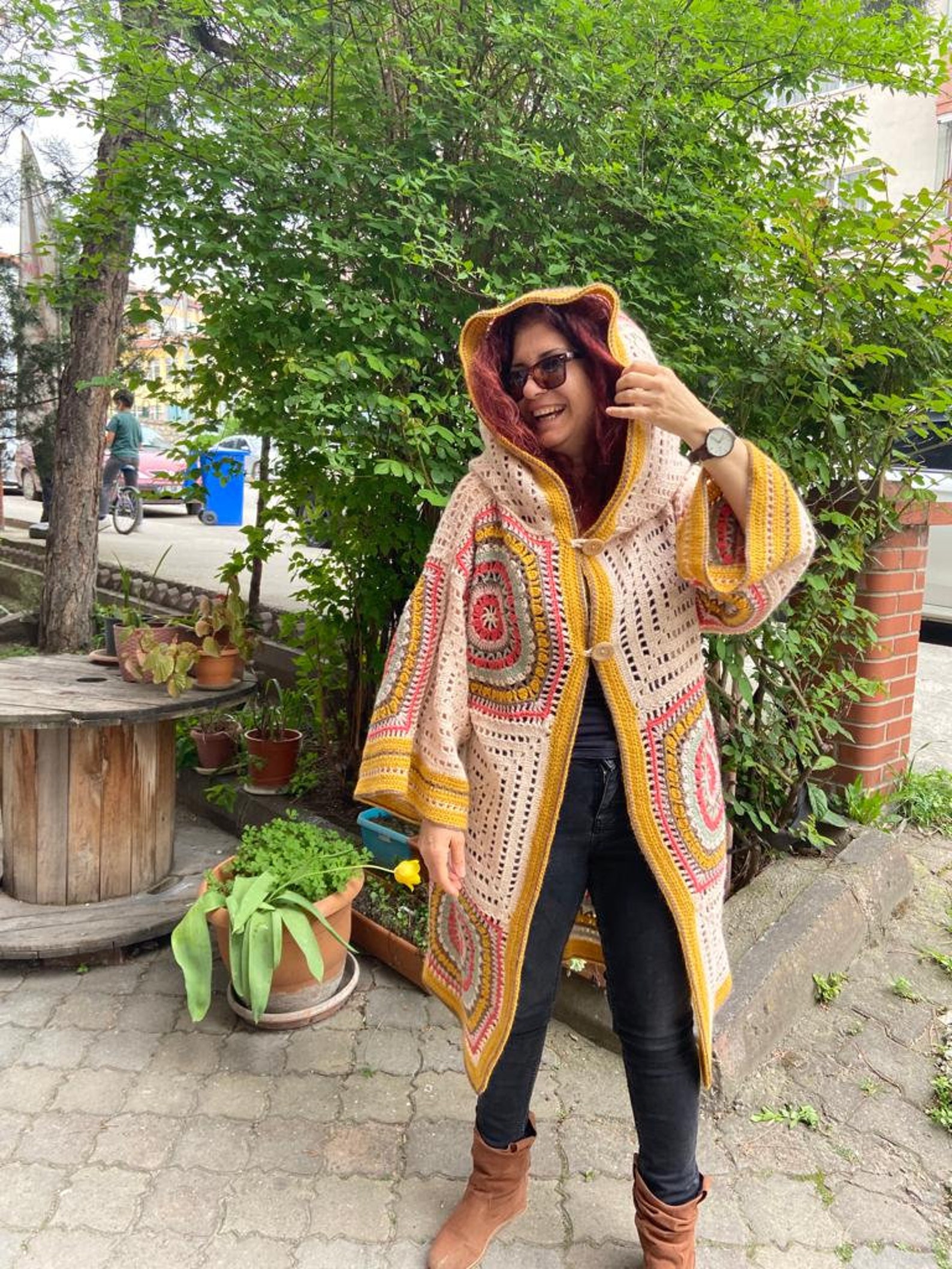 Patchwork / Boho Pattern Design / Handmade Afghan Knitting Hooded Soft ...