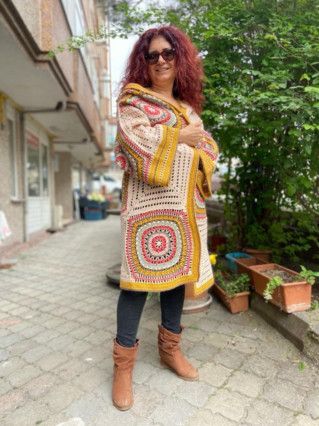 Patchwork / Boho Pattern Design / Handmade Afghan Knitting Hooded Soft ...