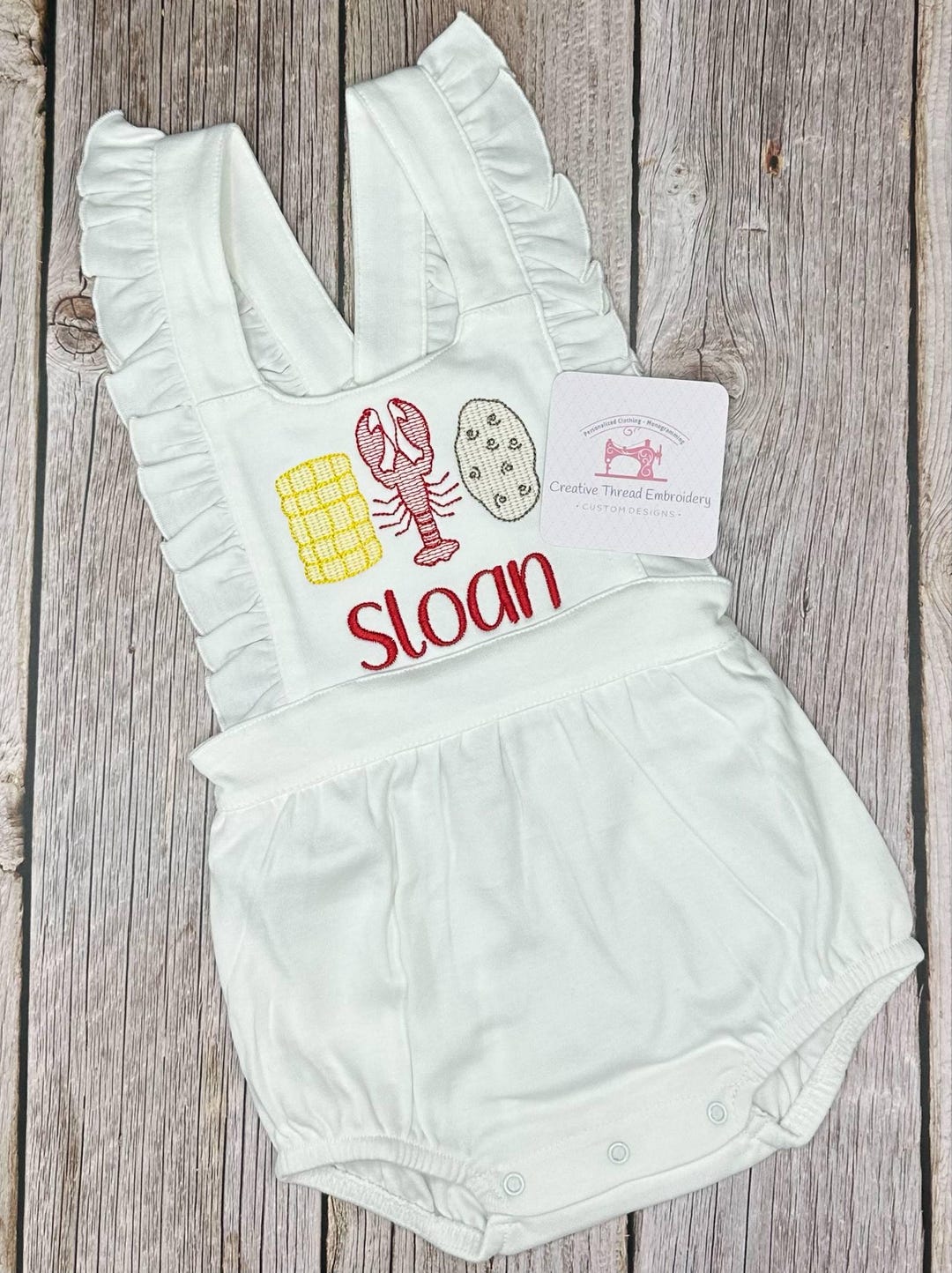 Embroidered Crawfish Boil Baby Girl Outfit White Pink Monogrammed ...