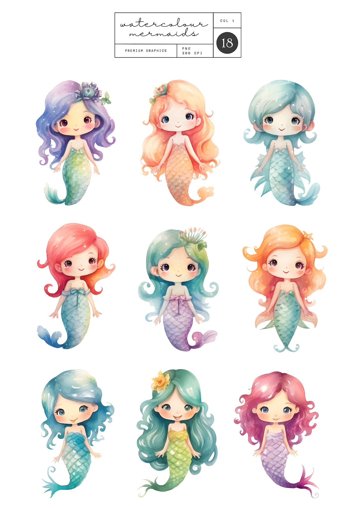 Cute Watercolour Mermaids Clip Art Set - 18 Premium Mermaid Graphics ...