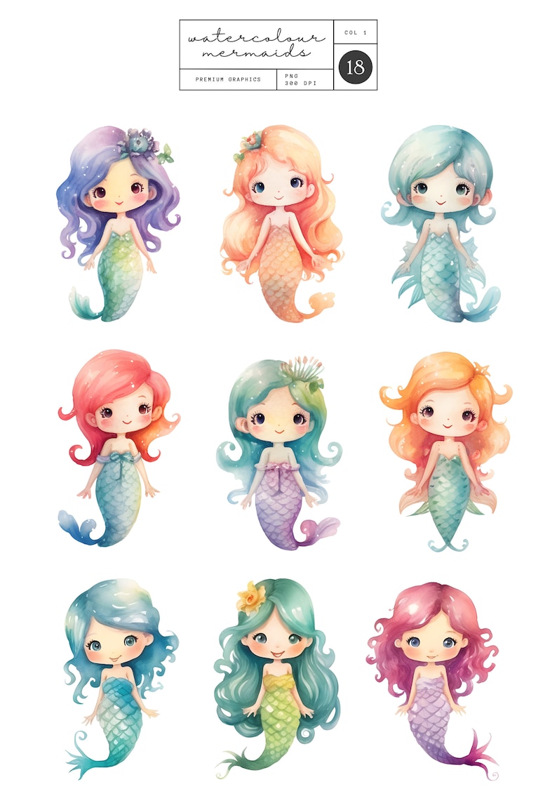 Cute Watercolour Mermaids Clip Art Set - 18 Premium Mermaid Graphics ...