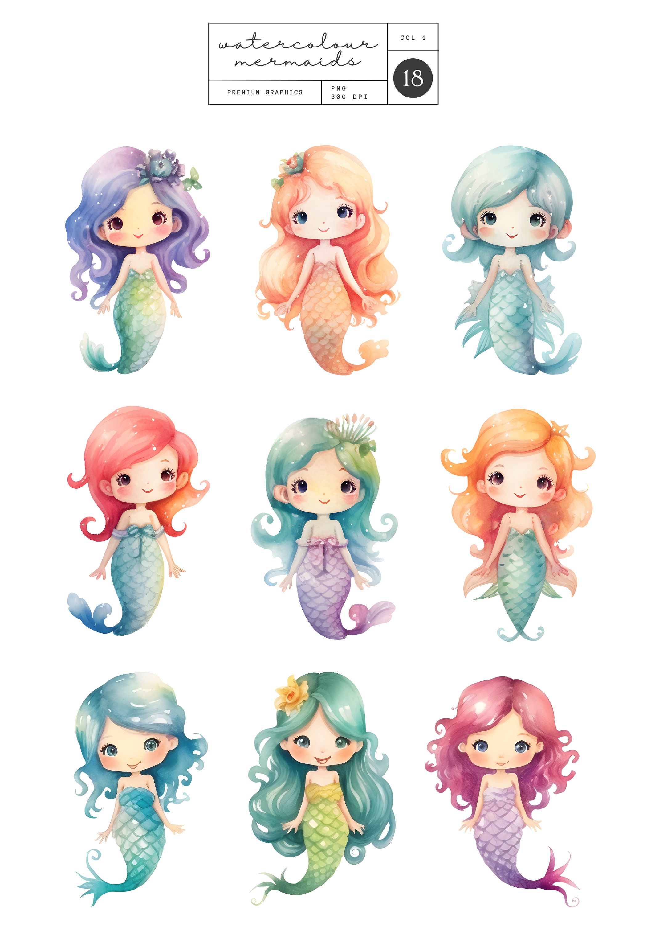 Cute Watercolour Mermaids Clip Art Set - 18 Premium Mermaid Graphics ...