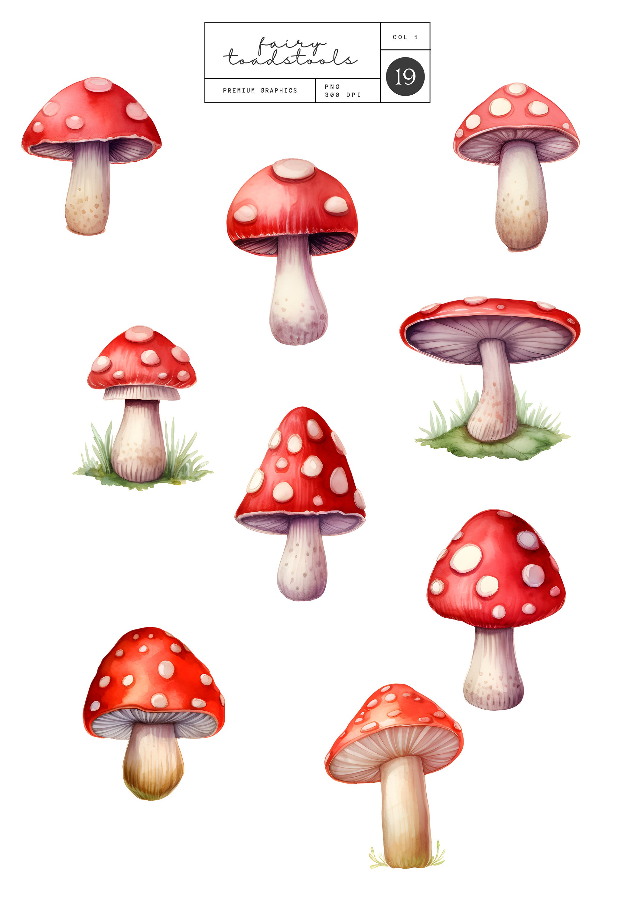 Cute Watercolour Fairy Toadstools Graphics Set - 19 Premium Clip Art ...