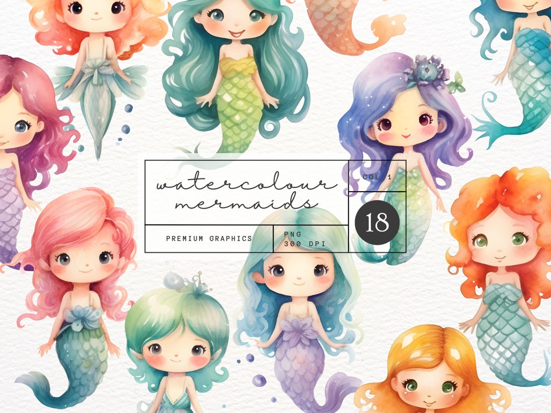 Cute Watercolour Mermaids Clip Art Set - 18 Premium Mermaid Graphics ...