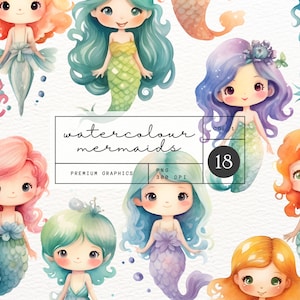 Cute Watercolour Mermaids Clip Art Set - 18 Premium Mermaid Graphics ...