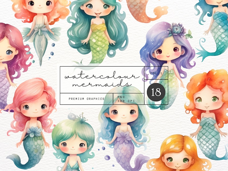 Cute Watercolour Mermaids Clip Art Set - 18 Premium Mermaid Graphics ...