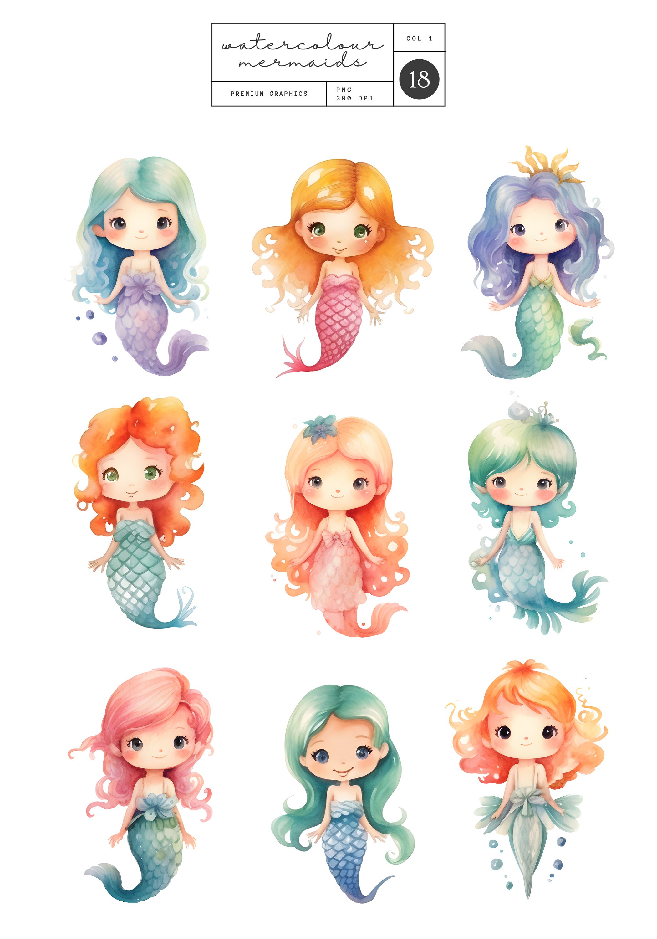 Cute Watercolour Mermaids Clip Art Set 18 Premium Mermaid Graphics ...