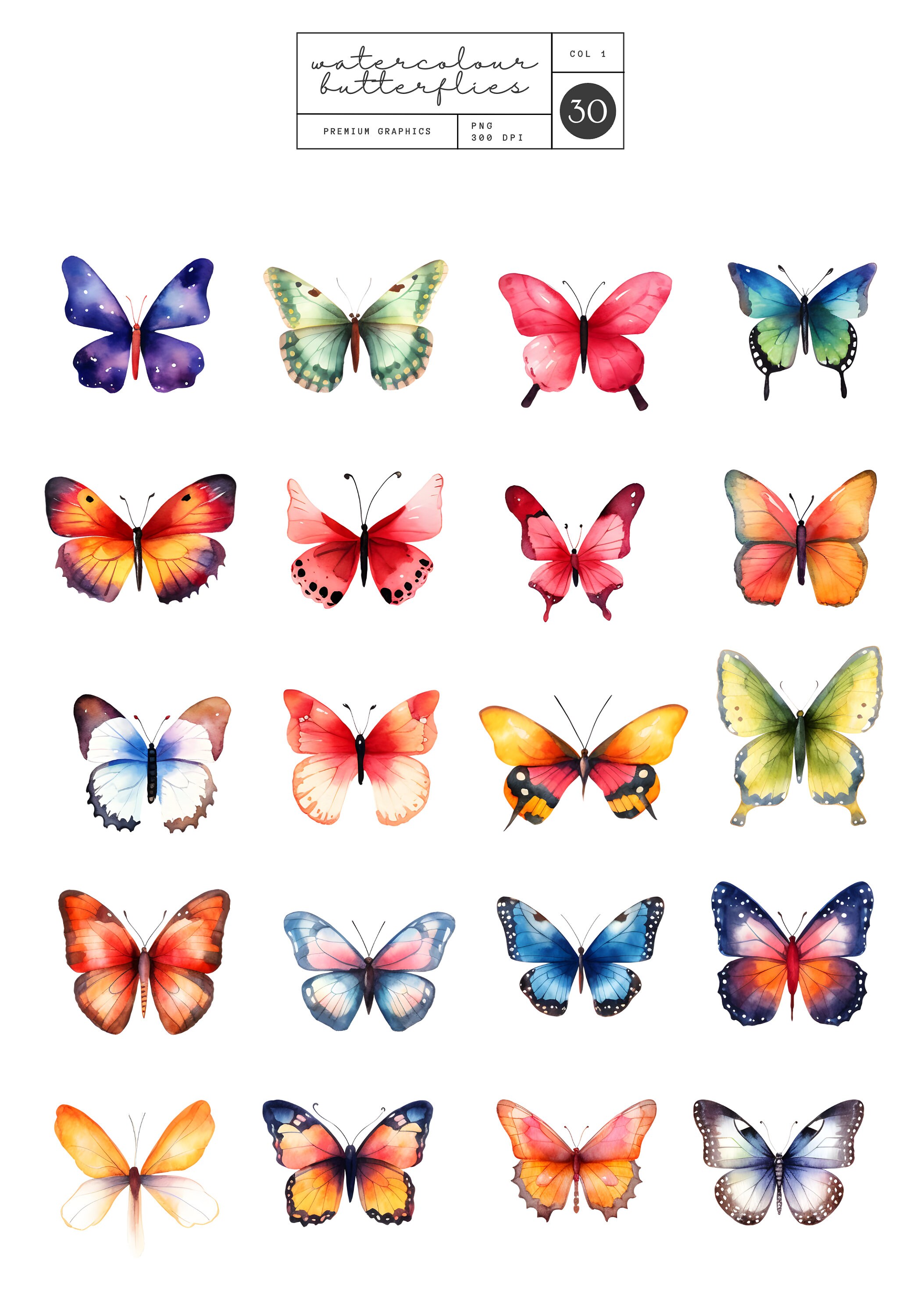Beautiful Watercolour Butterflies Graphics Set - 30 Premium Clip Art ...
