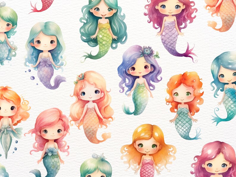 Cute Watercolour Mermaids Clip Art Set - 18 Premium Mermaid Graphics ...