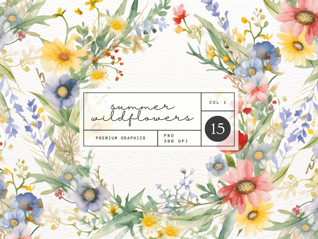 Watercolor Summer Wildflower Set, 14 Premium Wreaths, Frames, Posies ...