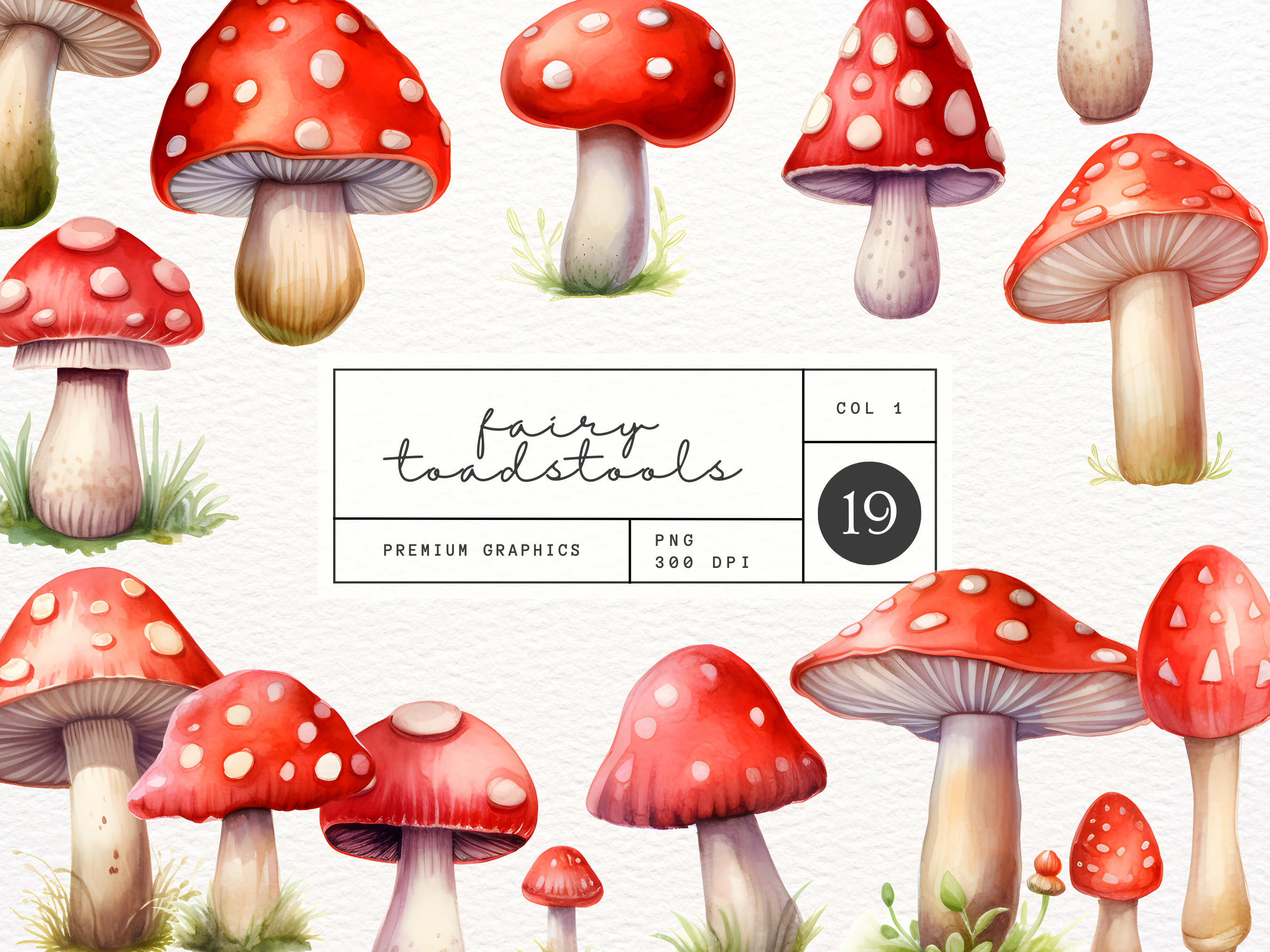 Cute Watercolour Fairy Toadstools Graphics Set - 19 Premium Clip Art ...