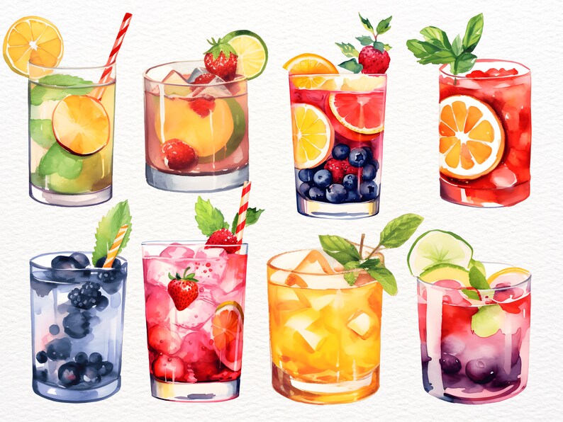 Watercolor Summer Cocktails Graphics Set, 22 Premium Illustrated ...