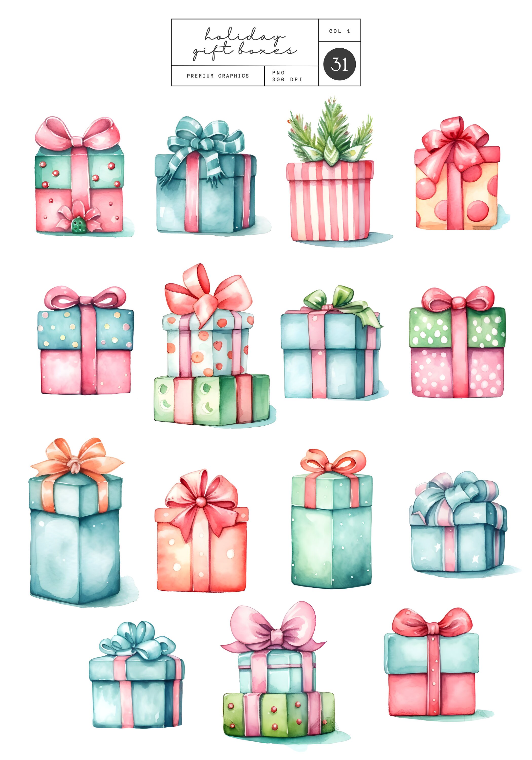 Watercolour Christmas Gift Graphics Set - 31 Premium Illustrated Clip ...
