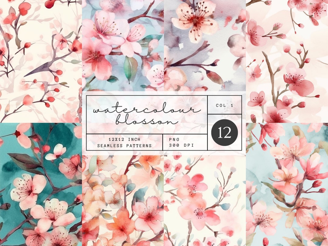Watercolor Cherry Blossom Tiles, 12x12 Seamless Patterns, 12 High ...