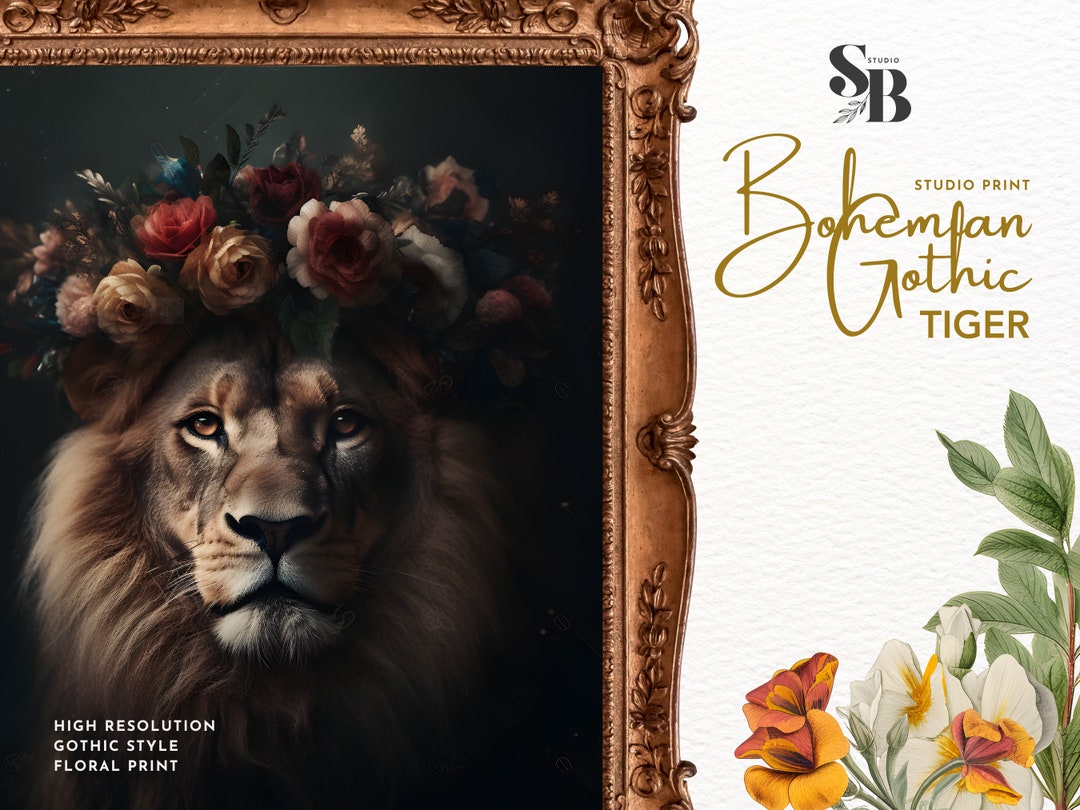 Bohemian Gothic Lion Portrait With Crown of Flowers - Moody Dark Art ...