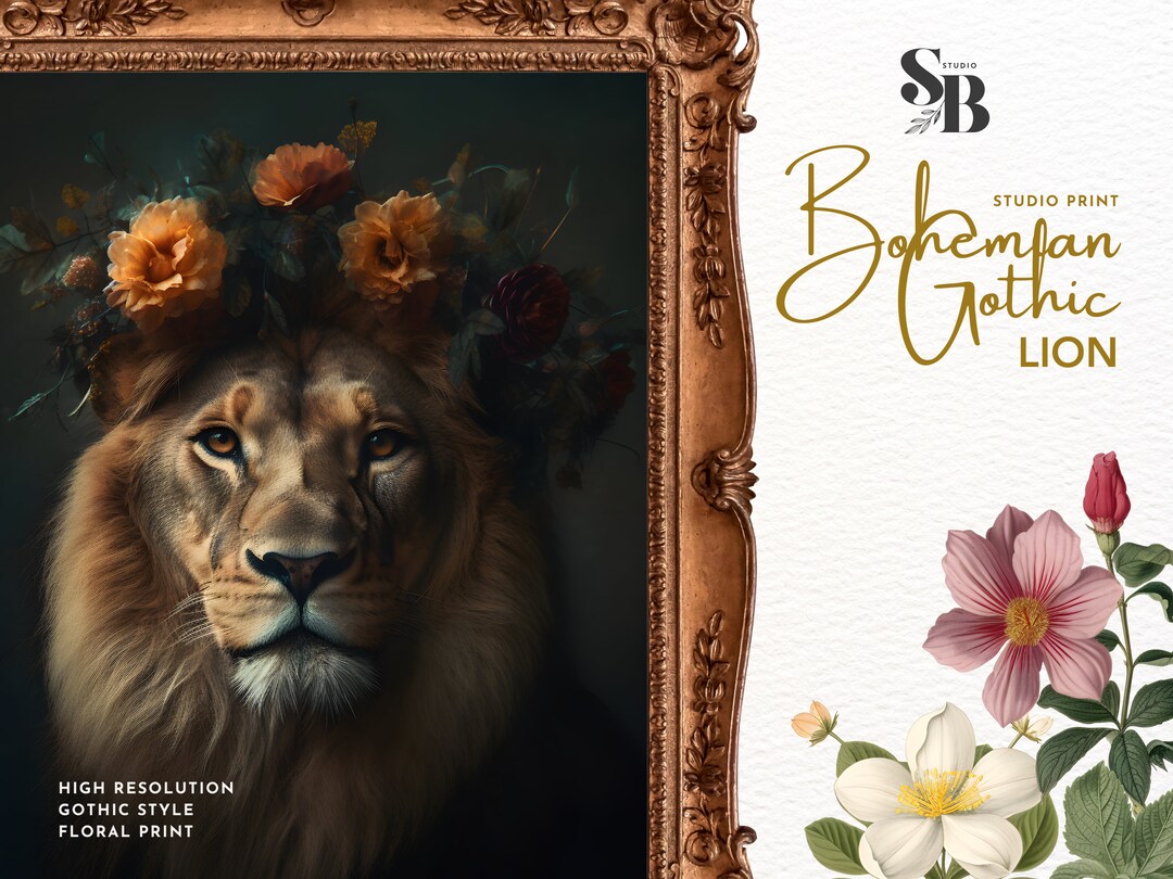 Mystical Gothic Lion Portrait With Crown of Flowers - Bohemian Art ...