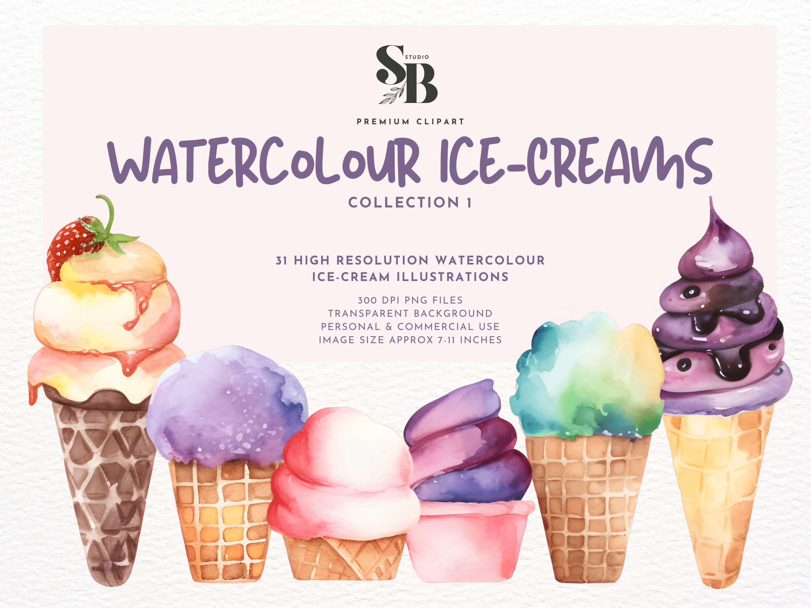 Watercolor Icecream Clipart Set, 31 High-quality Icecream Graphics ...