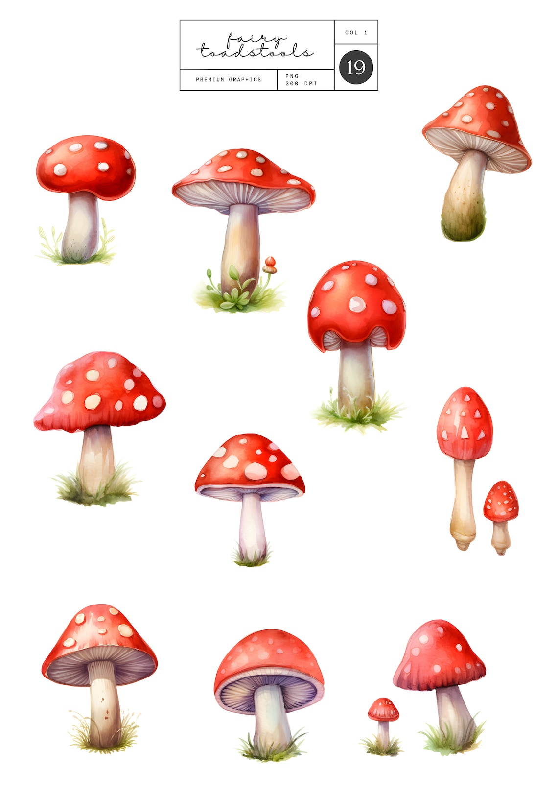 Cute Watercolour Fairy Toadstools Graphics Set - 19 Premium Clip Art ...