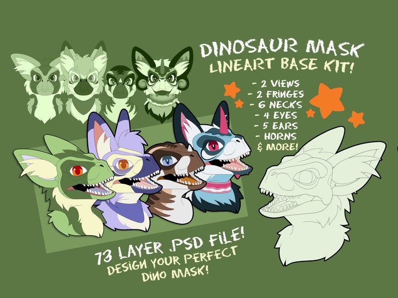 Dinosaur/ Dino Mask Reference Sheet Lineart Base [.psd File] - Etsy