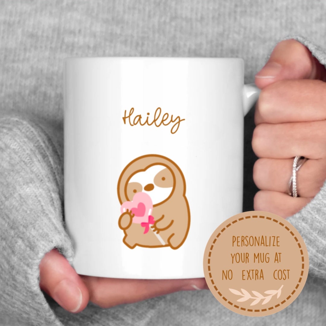 Personalized Sloth Mug Custom Name Mug Cute Heart Lollipop Sloth Mug ...