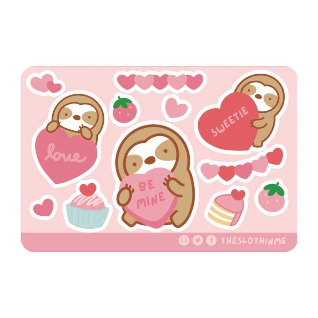Cute Sweetheart Sloth Sticker Sheet | Kawaii Valentine Sticker Sheet ...